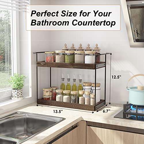 2 Tier Bathroom Counter Organizer, Standing Rack Cosmetic Holder, Bathroom Wood Tray for Countertop Storage, Vanity Tray Organizer and Storage Kitchen Counter Organizers Spice Rack