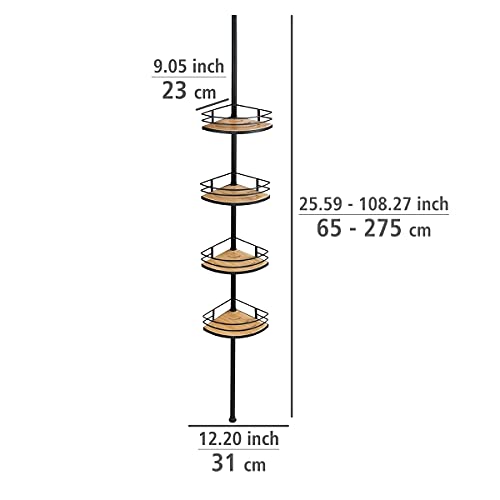 WENKO Dolcedo Corner Bamboo and Stainless Steel Telescopic Bathroom Shower Shelf Height Adjustable with 4 Shelves, Black/Natural, 31 x 65-275 x 23 cm