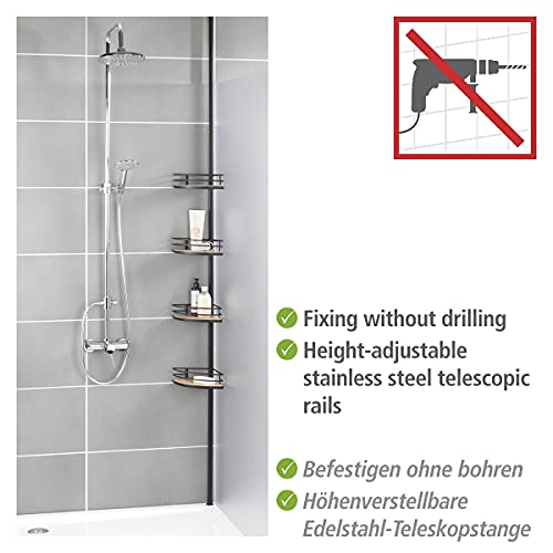 WENKO Dolcedo Corner Bamboo and Stainless Steel Telescopic Bathroom Shower Shelf Height Adjustable with 4 Shelves, Black/Natural, 31 x 65-275 x 23 cm