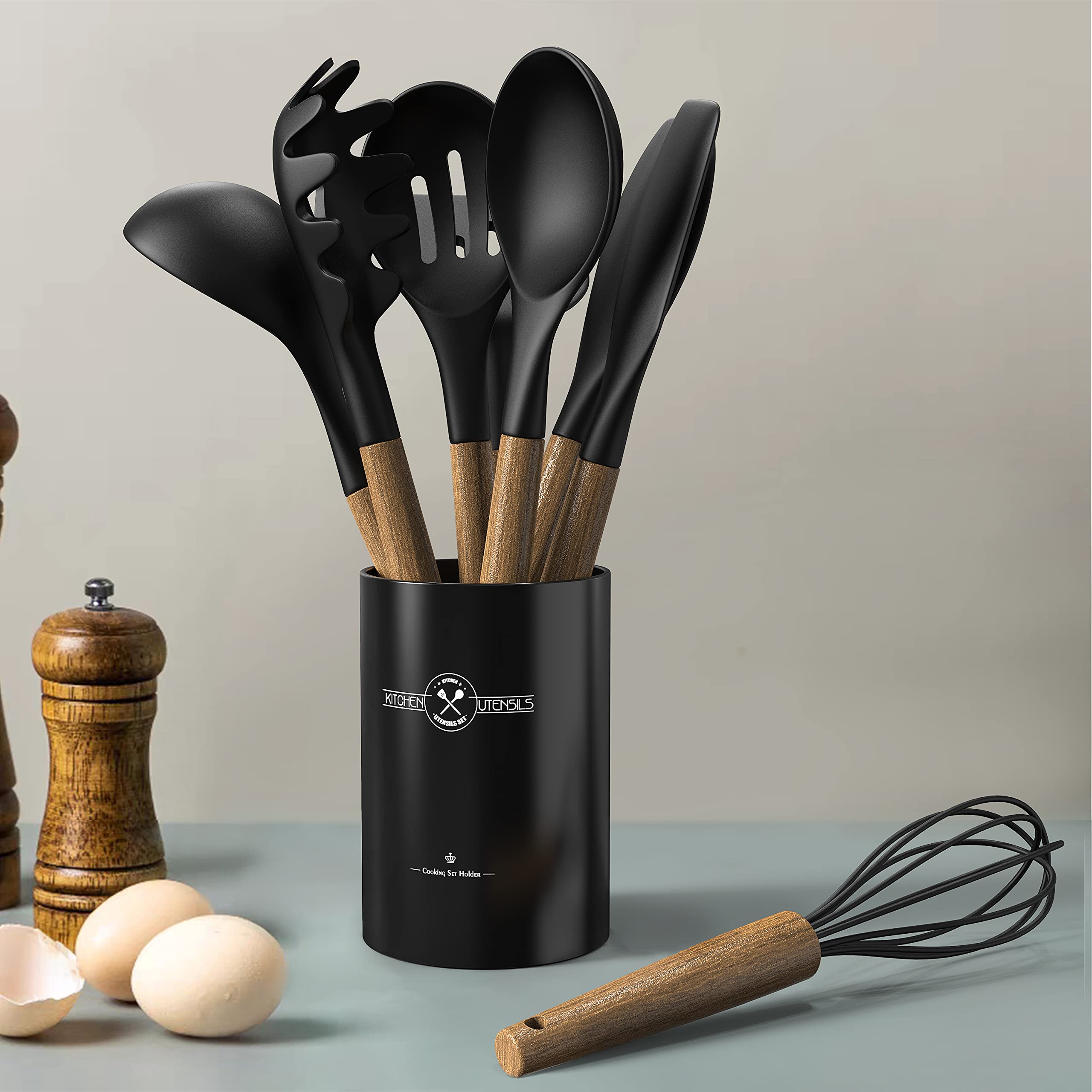 Silicone Kitchen Cooking Utensil Set, 9Pcs Kitchen Utensils Spatula Set with Wooden Handle for Nonstick Cookware, 446°F Heat Resistant Silicone Kitchen Gadgets Utensil Set with Large Holder(Black)