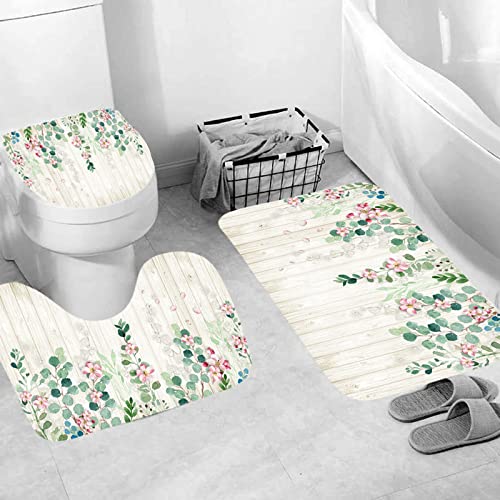 Mightree Bathroom Shower Curtains 4 PCS Set, Waterproof Fabric Bathroom Curtain with 12 Hooks, Toilet Lid Cover and Bath Mat, Non-Slip Rug Foot mat, Pink Flower, Medium