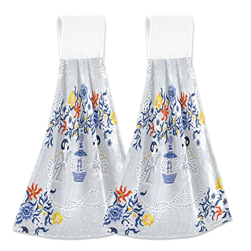 JUAMA Vintage Monkeys Chinoiserie Style Kitchen Hand Towel Hanging Tie Towels 12 x 17 Inch Dish Cloths 2 Pieces for Bathroom Laundry Room Decor