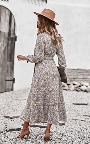 PRETTYGARDEN Women's Long Sleeve Vintage Wrap Dress Floral Print V-Neck Maxi Dresses with Belt (Khaki,Large)