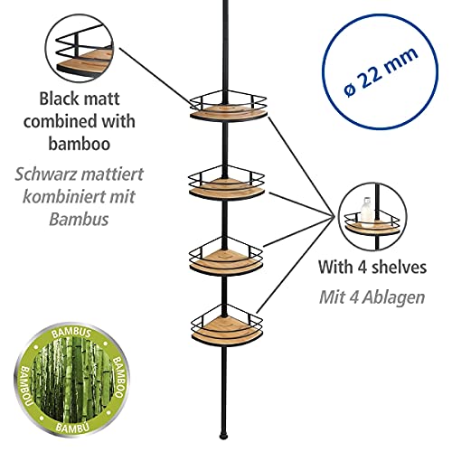 WENKO Dolcedo Corner Bamboo and Stainless Steel Telescopic Bathroom Shower Shelf Height Adjustable with 4 Shelves, Black/Natural, 31 x 65-275 x 23 cm