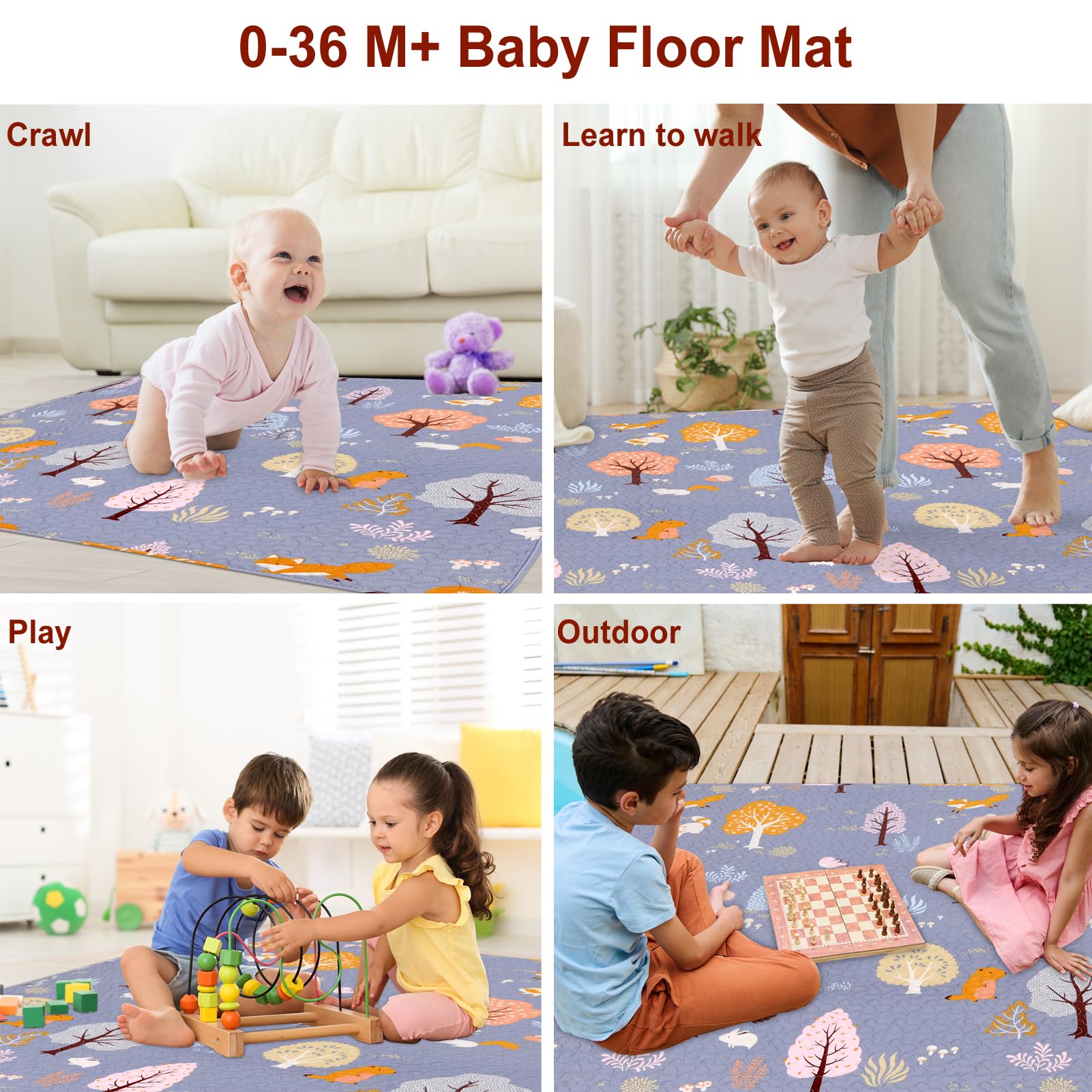 MIIMER Washable Baby Play Mat Portable Playmat for Babies 63x43”, Foldable Toddler Playpen Mat Non-Slip Baby Tummy Time Mat, Soft Floor Play Mats for Infants Extra Large Crawling Mat Grey Forest