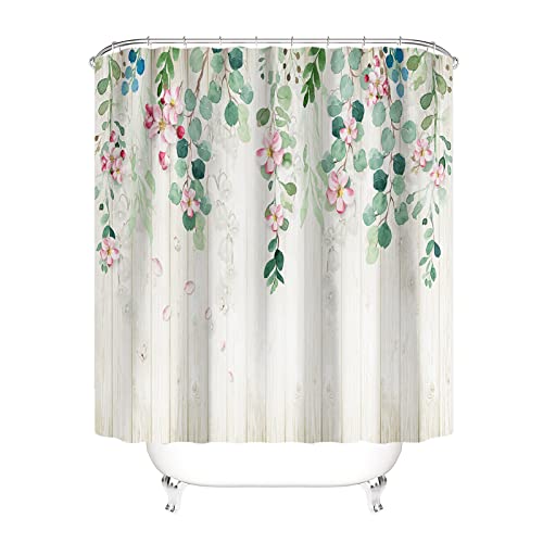 Mightree Bathroom Shower Curtains 4 PCS Set, Waterproof Fabric Bathroom Curtain with 12 Hooks, Toilet Lid Cover and Bath Mat, Non-Slip Rug Foot mat, Pink Flower, Medium