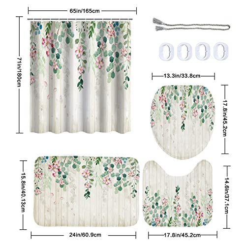 Mightree Bathroom Shower Curtains 4 PCS Set, Waterproof Fabric Bathroom Curtain with 12 Hooks, Toilet Lid Cover and Bath Mat, Non-Slip Rug Foot mat, Pink Flower, Medium