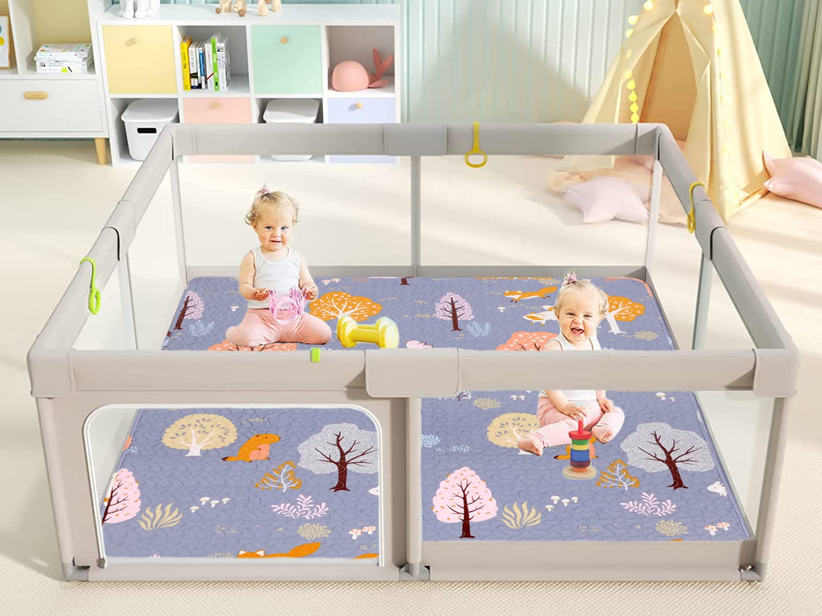 MIIMER Washable Baby Play Mat Portable Playmat for Babies 63x43”, Foldable Toddler Playpen Mat Non-Slip Baby Tummy Time Mat, Soft Floor Play Mats for Infants Extra Large Crawling Mat Grey Forest