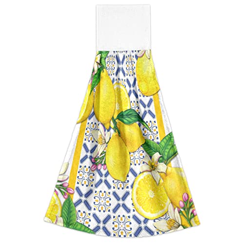 BOENLE Lemon Kitchen Hand Towels Set of 2 Yellow Mediterranean Tile Hanging Tea Towel Bathroom Soft Absorbent Coral Fleece Dish Wash Cloth Decorative