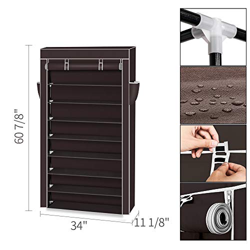 HGPZ 10 Tiers Shoe Rack with Dustproof Cover Closet Shoe Storage Cabinet Organizer, Portable Shoe Rack, for cubby walk-in closet, Dark Brown