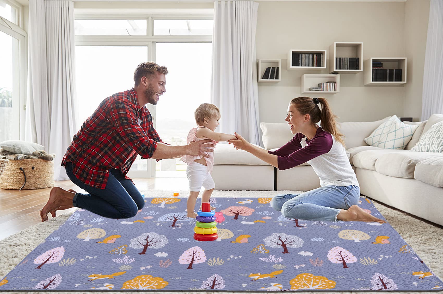 MIIMER Washable Baby Play Mat Portable Playmat for Babies 63x43”, Foldable Toddler Playpen Mat Non-Slip Baby Tummy Time Mat, Soft Floor Play Mats for Infants Extra Large Crawling Mat Grey Forest