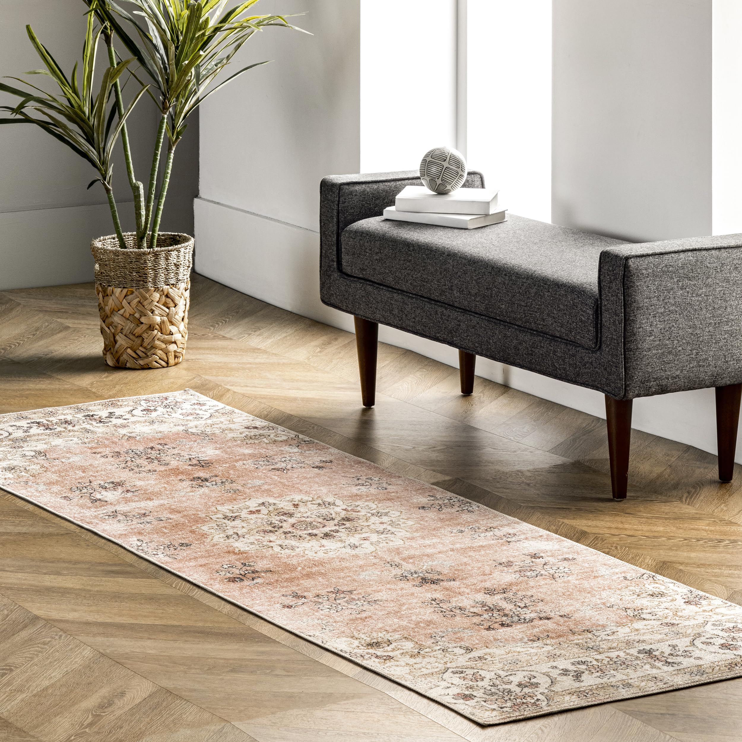 nuLOOM 2' x 12' SpinClean Machine Washable Stain-Resistant Area Rug with Non Slip Backing, Low Profile for Living Room, Bedroom, and Dining Room, Ren Peach
