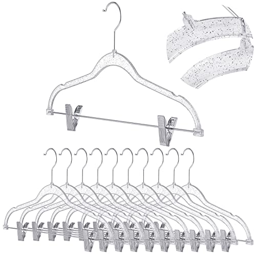 Hoolerry 10 Pcs Clear Hangers with Clips Acrylic Glitter Hangers 17 x 8 Inches Plastic Skirt Pants Hangers with Non Slip Notches Adjustable Clips Coat Hanger for Clothes Skirt Trousers Jeans (Silver)