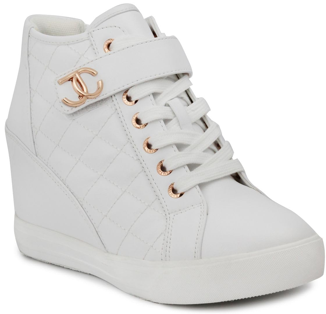 Juicy Couture Womens Wedge Sneakers High Top Womens Sneakers with Wedge, Wedgies Sneakers for Women-Journey 8.5 White