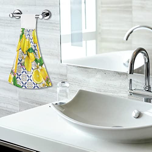 BOENLE Lemon Kitchen Hand Towels Set of 2 Yellow Mediterranean Tile Hanging Tea Towel Bathroom Soft Absorbent Coral Fleece Dish Wash Cloth Decorative