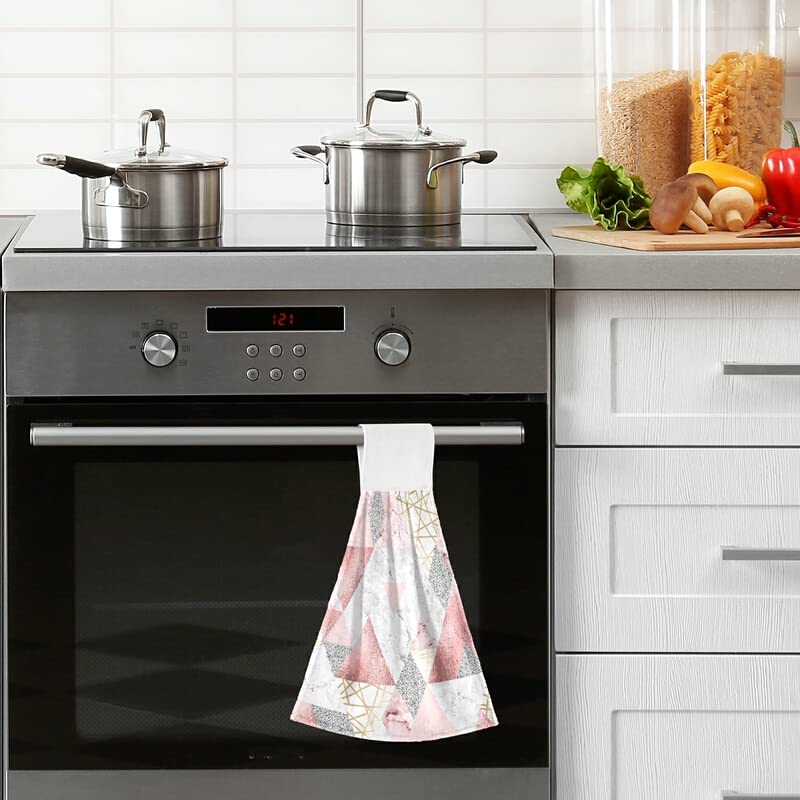 Pink Marble Triangles Kitchen Towels with Hanging Loops 2 Pack, Modern Polygon Abstract Hand Towels for Bathroom Absorbent Coral Velvet Soft Tie Dish Towels Sets