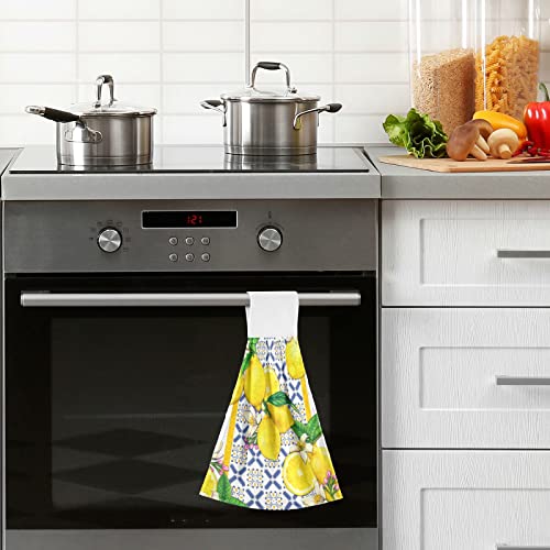 BOENLE Lemon Kitchen Hand Towels Set of 2 Yellow Mediterranean Tile Hanging Tea Towel Bathroom Soft Absorbent Coral Fleece Dish Wash Cloth Decorative