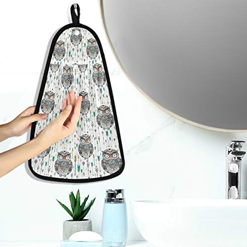 visesunny Owl Hand Towel for Kitchen Bathroom Decor Soft Absorbent Cotton Dish Towel with Hanging Loop Botton Cleaning and Drying Washcloth