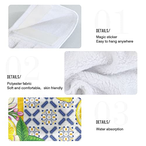 BOENLE Lemon Kitchen Hand Towels Set of 2 Yellow Mediterranean Tile Hanging Tea Towel Bathroom Soft Absorbent Coral Fleece Dish Wash Cloth Decorative