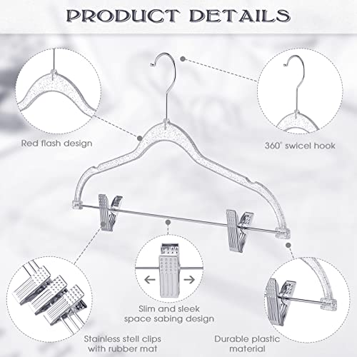Hoolerry 10 Pcs Clear Hangers with Clips Acrylic Glitter Hangers 17 x 8 Inches Plastic Skirt Pants Hangers with Non Slip Notches Adjustable Clips Coat Hanger for Clothes Skirt Trousers Jeans (Silver)