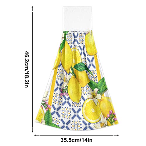 BOENLE Lemon Kitchen Hand Towels Set of 2 Yellow Mediterranean Tile Hanging Tea Towel Bathroom Soft Absorbent Coral Fleece Dish Wash Cloth Decorative