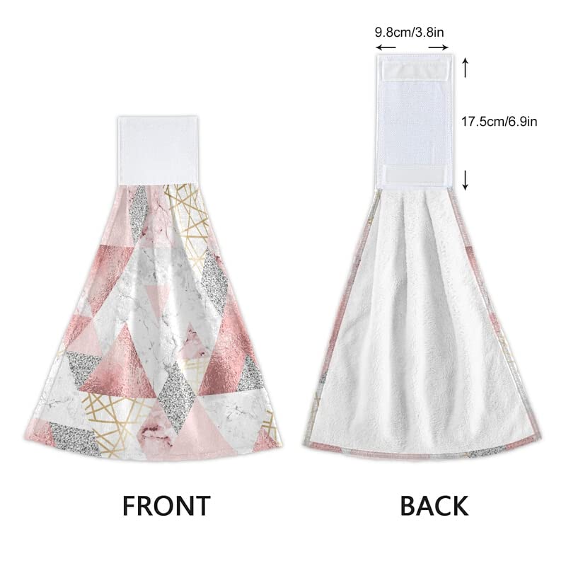 Pink Marble Triangles Kitchen Towels with Hanging Loops 2 Pack, Modern Polygon Abstract Hand Towels for Bathroom Absorbent Coral Velvet Soft Tie Dish Towels Sets