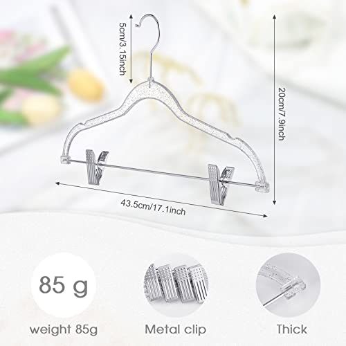 Hoolerry 10 Pcs Clear Hangers with Clips Acrylic Glitter Hangers 17 x 8 Inches Plastic Skirt Pants Hangers with Non Slip Notches Adjustable Clips Coat Hanger for Clothes Skirt Trousers Jeans (Silver)