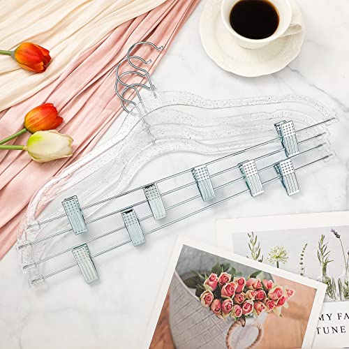 Hoolerry 10 Pcs Clear Hangers with Clips Acrylic Glitter Hangers 17 x 8 Inches Plastic Skirt Pants Hangers with Non Slip Notches Adjustable Clips Coat Hanger for Clothes Skirt Trousers Jeans (Silver)