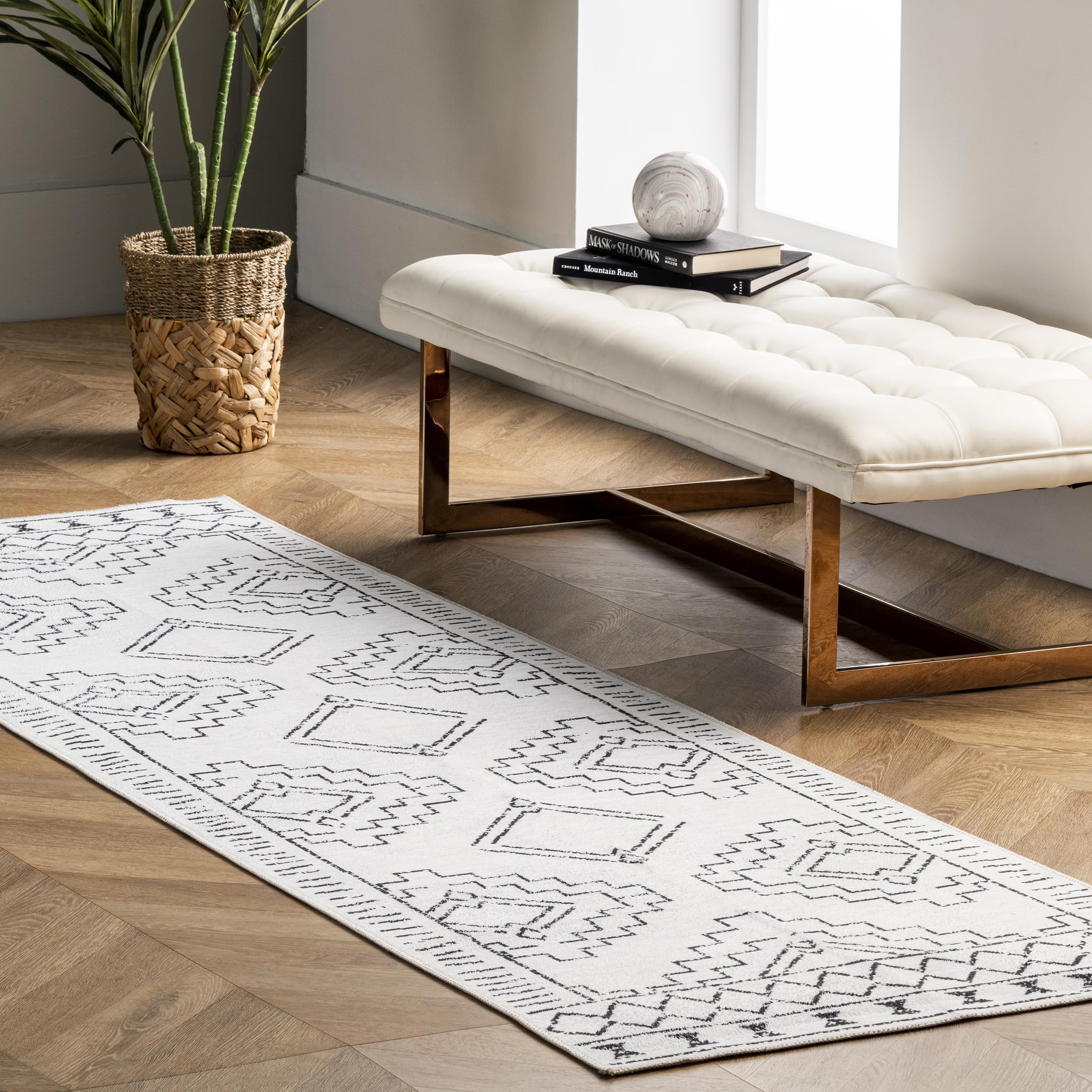 nuLOOM 2' x 12' SpinClean Machine Washable Stain-Resistant Area Rug with Non Slip Backing, Low Profile for Living Room, Bedroom, and Dining Room, Noa White