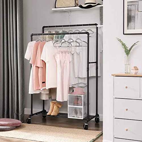 SONGMICS Industrial Pipe Clothes Rack Bundle with 50 Clothes Hangers, Rolling Garment Rack with Bottom Storage Shelf, Space-Saving Plastic Hangers with Tie Bars UHSR60B and UCRP20G50