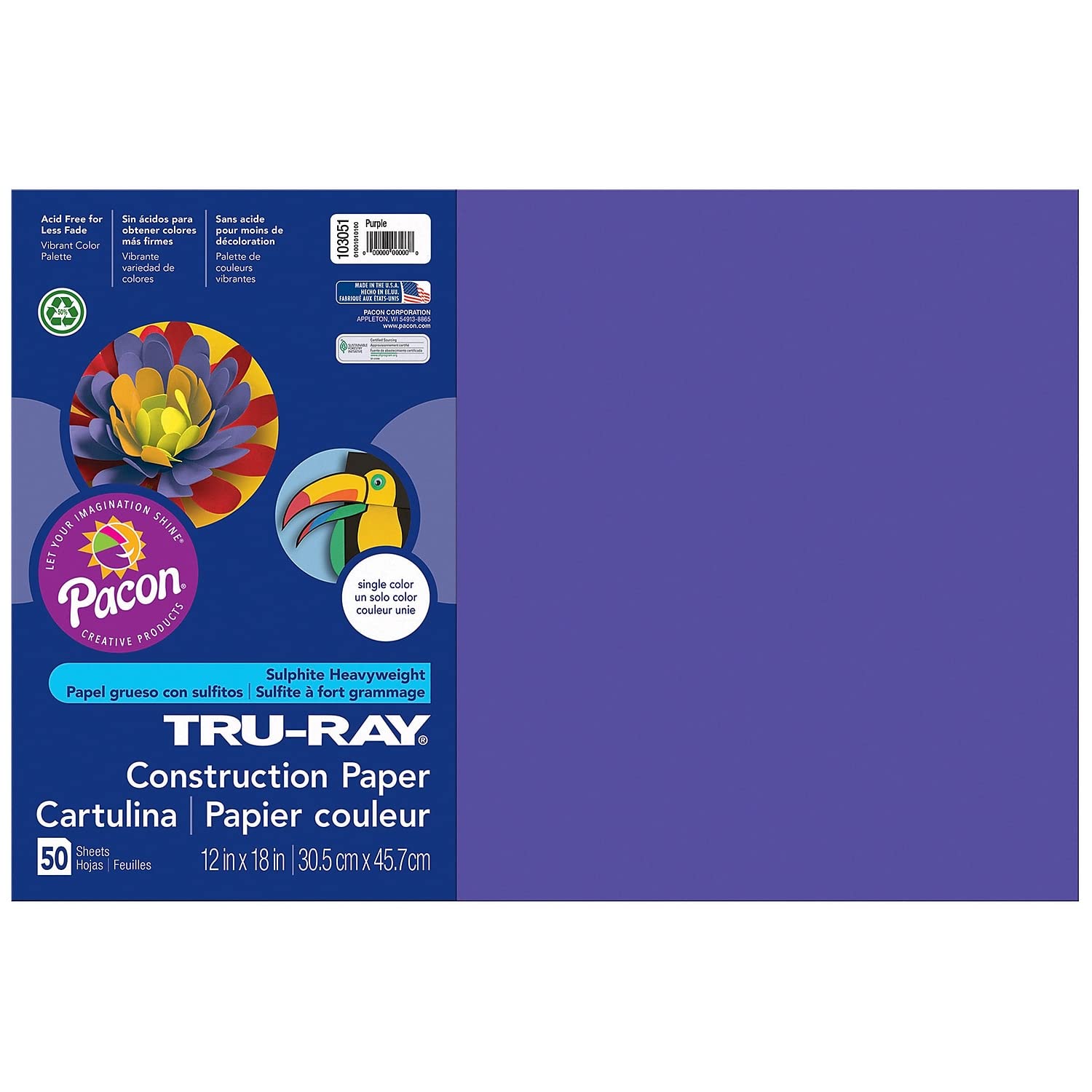 Tru-Ray® Construction Paper, Purple, 12" x 18", 50 Sheets Per Pack, 5 Packs