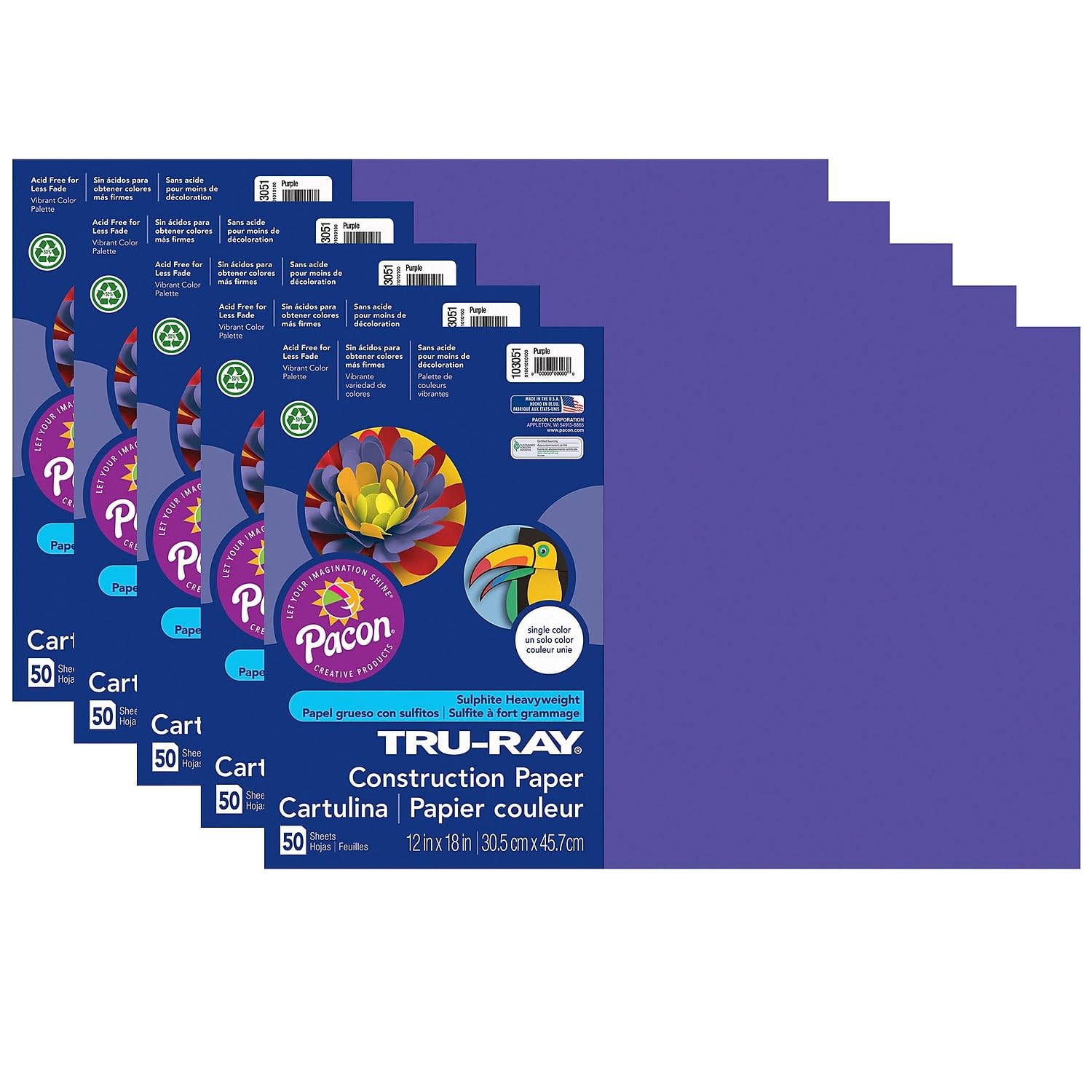 Tru-Ray® Construction Paper, Purple, 12" x 18", 50 Sheets Per Pack, 5 Packs