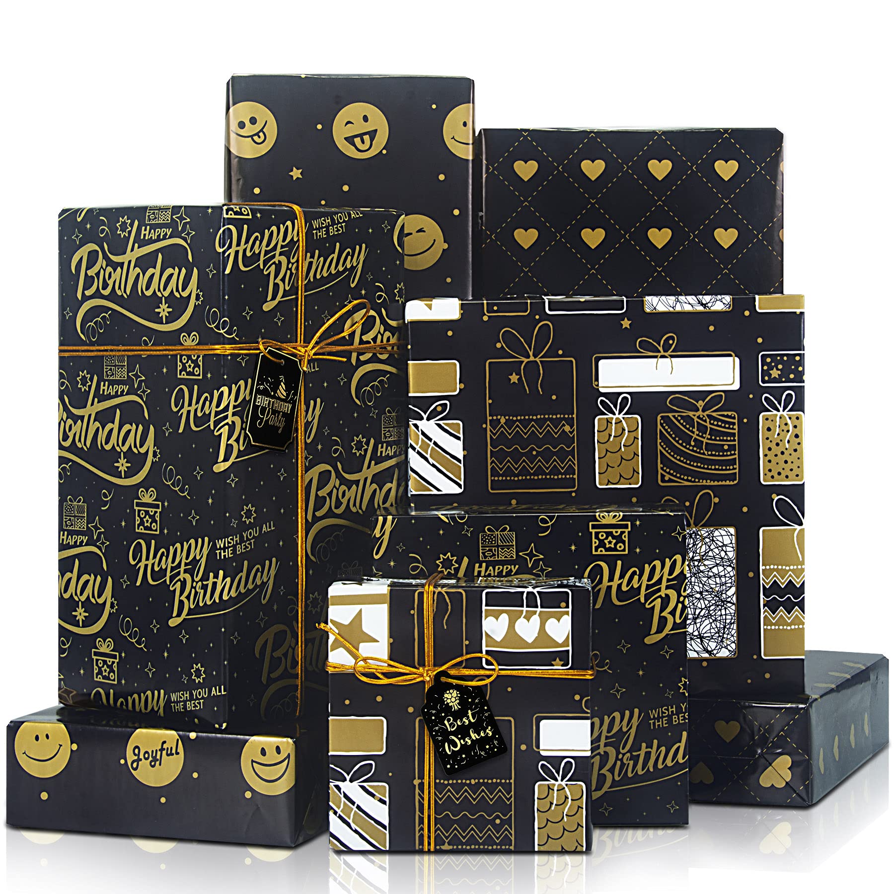 Larcenciel Birthday Wrapping Paper, Gift Wrapping Paper set, Black Gold Design w/Jute Twine and Gift tag, Gift Wraps for Birthday, Valentines, Christmas, Graduation, Baby Shower,4 Sheets 27.5x19.6inch