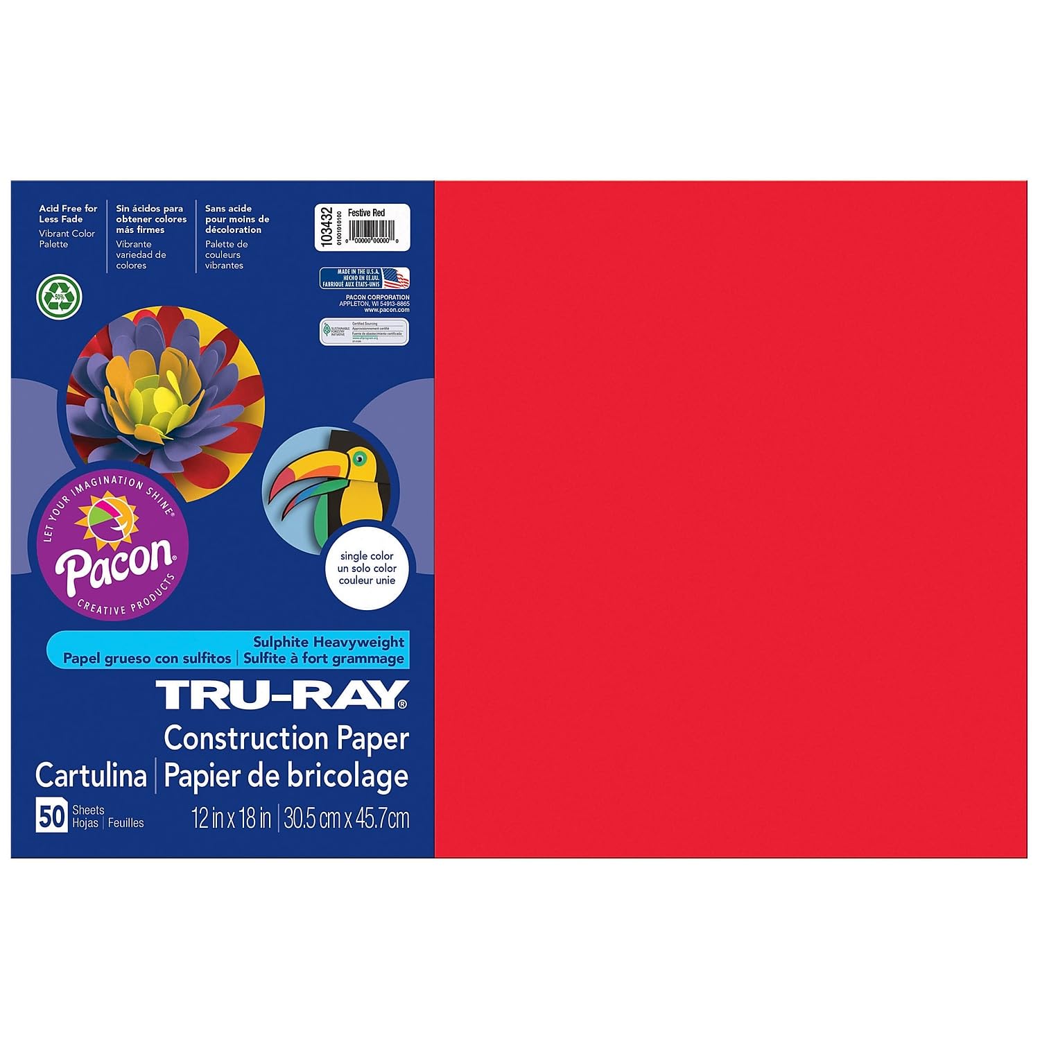 Tru-Ray® Construction Paper, Festive Red, 12" x 18", 50 Sheets Per Pack, 5 Packs