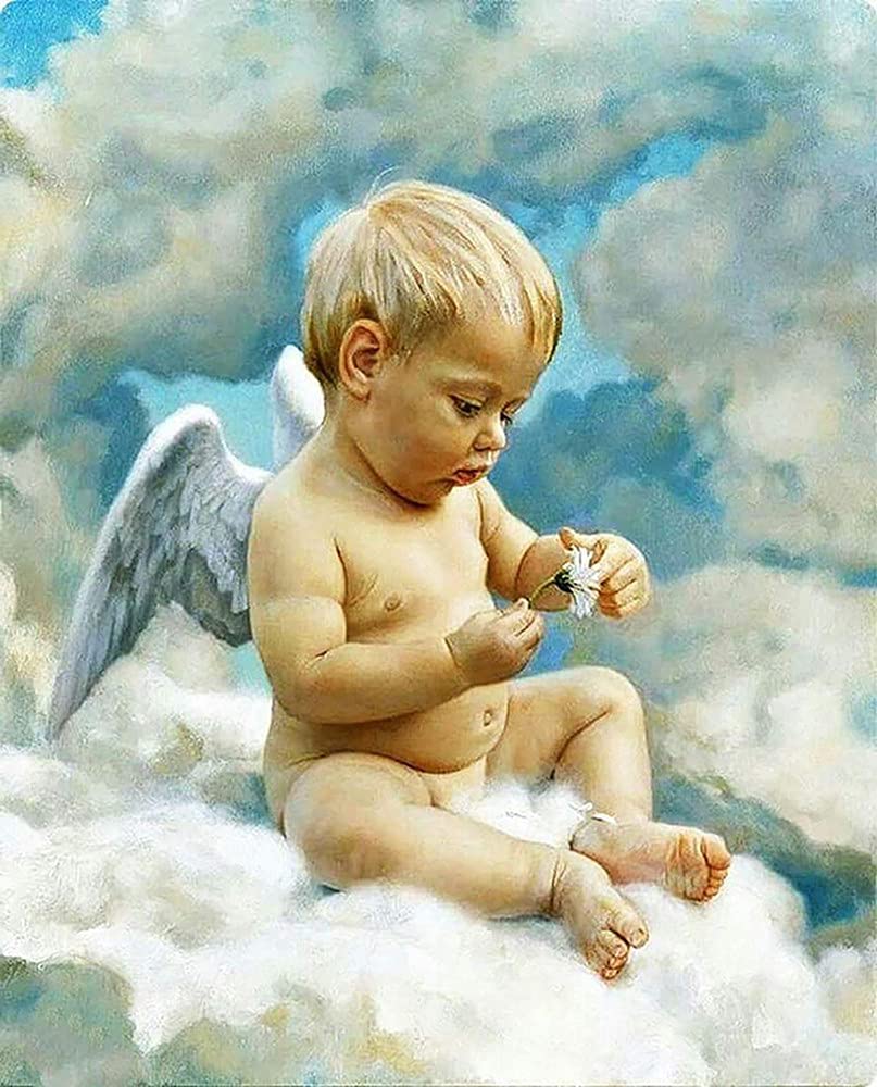 F-CANLAN Round Full Drill Diamond Painting Set, 5D DIY Angel Boy Diamond Art Kits Angel Baby Diamond Painting with Gem for Beginner Little Angel Paint with Diamonds for Room Decor (12X16 inches)