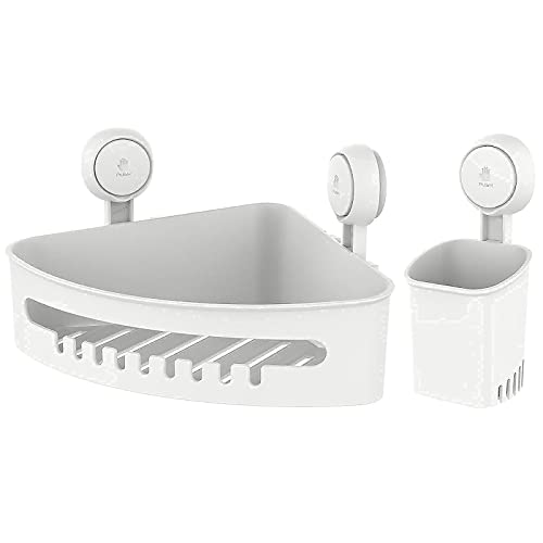 LEVERLOC Corner Shower Caddy Suction Cup & Toothbrush Holder NO-Drilling Removable Bathroom Shower Shelf Heavy Duty Max Hold 22lbs Caddy Organizer Waterproof & Oilproof for Bathroom & Kitchen - White