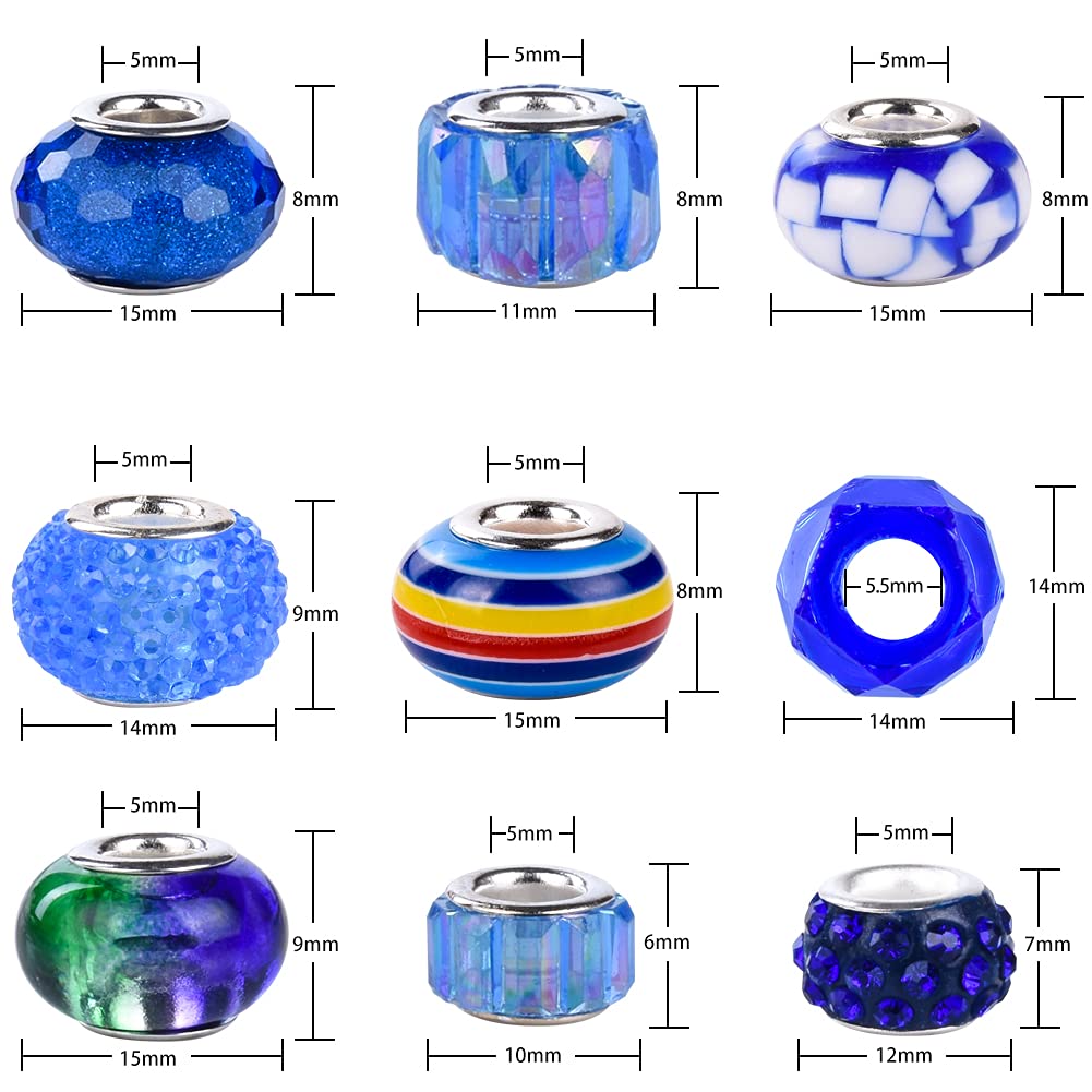 Aipridy Assortment European Large Hole Beads Spacer Beads Rhinestone Craft Beads for DIY Charms Bracelet Jewelry Making (Purple-Lake Blue-Blue)