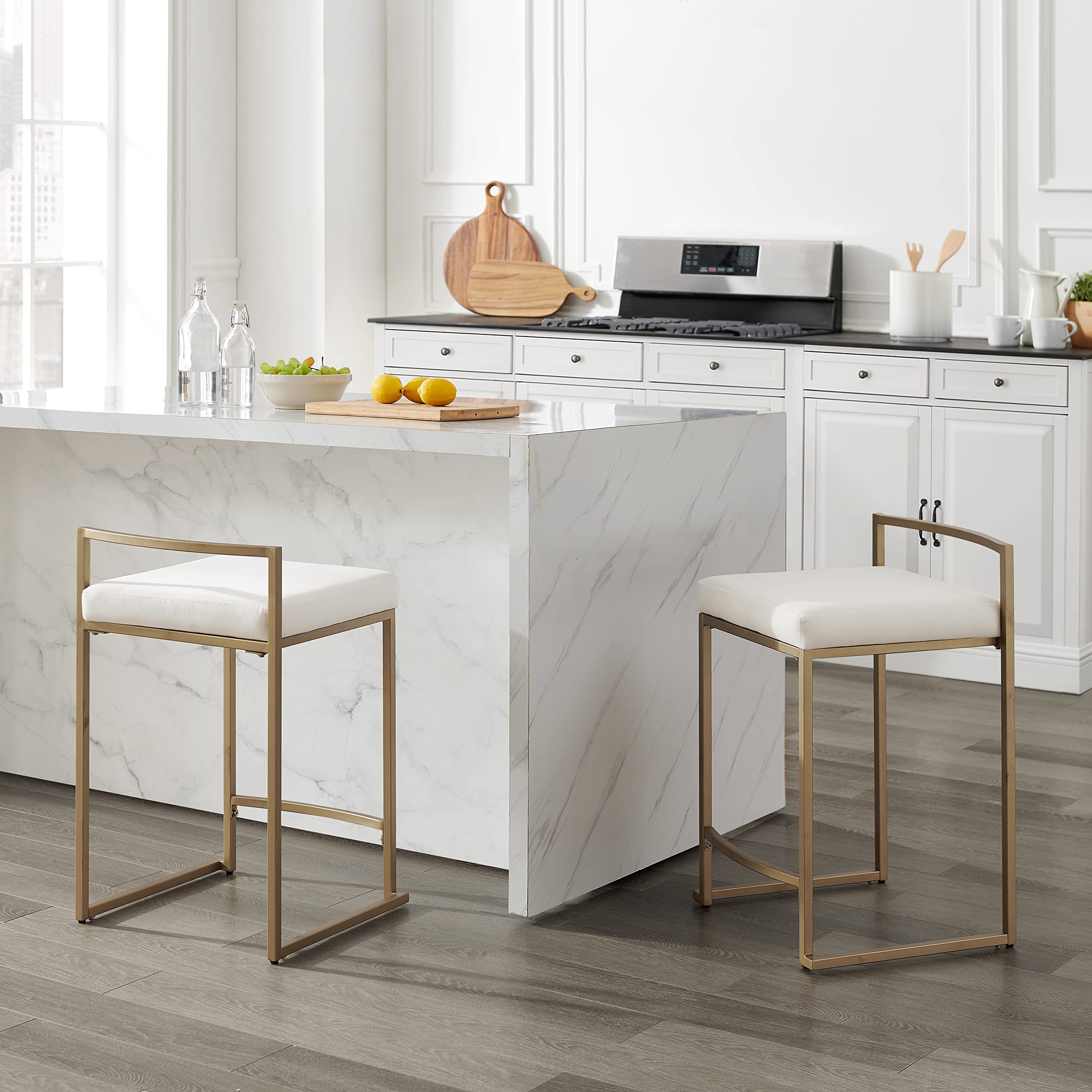 Crosley Furniture Harlowe Upholstered Seat Counter Height Bar Stools Set of 2, Kitchen and Dining, Crème and Gold