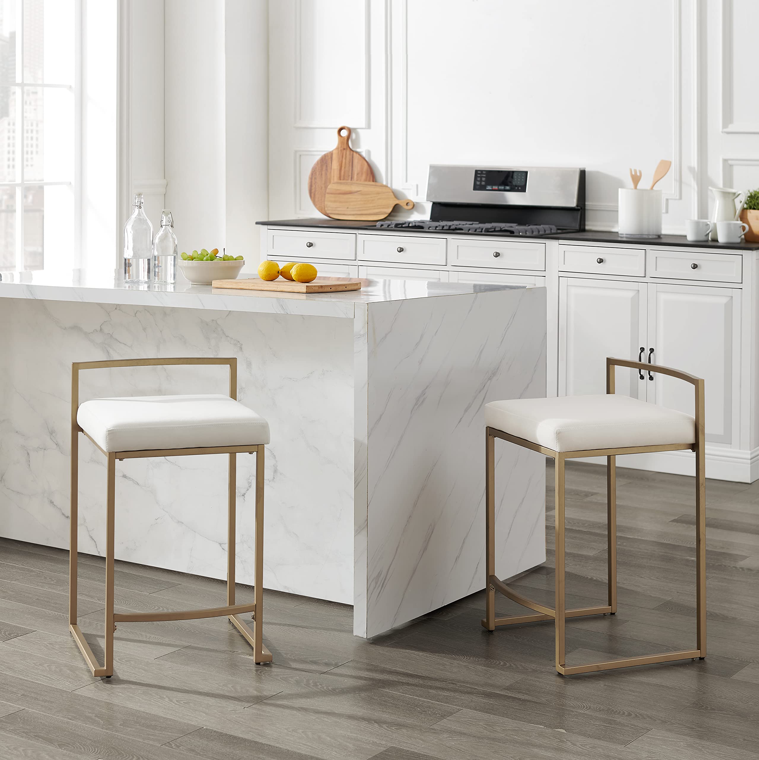 Crosley Furniture Harlowe Upholstered Seat Counter Height Bar Stools Set of 2, Kitchen and Dining, Crème and Gold