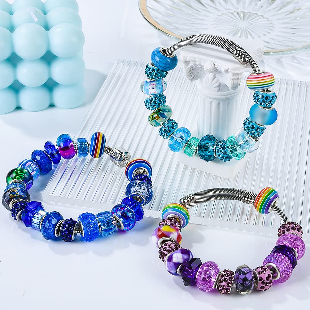 Aipridy Assortment European Large Hole Beads Spacer Beads Rhinestone Craft Beads for DIY Charms Bracelet Jewelry Making (Purple-Lake Blue-Blue)