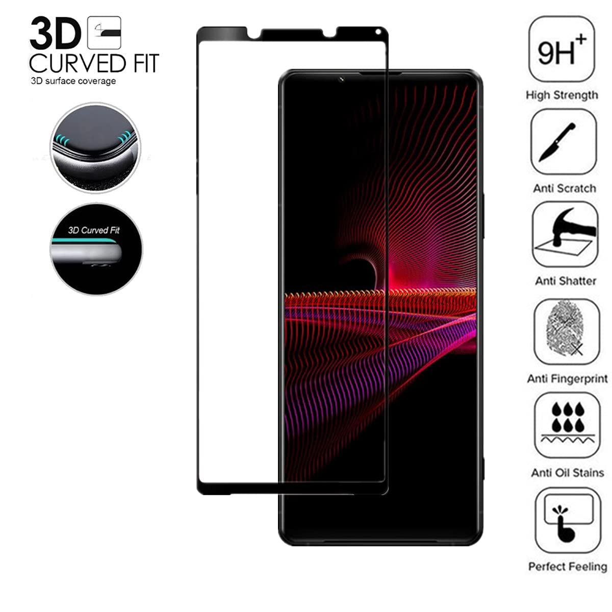 AISELAN for Sony Xperia 1 III 5G 3D Curved Screen Tempered Glass - [2 Pcs] High Clear Full Coverage Screen Protector for Sony Xperia 1 III 5G Phone