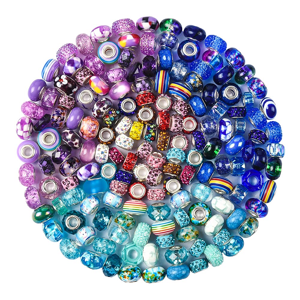 Aipridy Assortment European Large Hole Beads Spacer Beads Rhinestone Craft Beads for DIY Charms Bracelet Jewelry Making (Purple-Lake Blue-Blue)