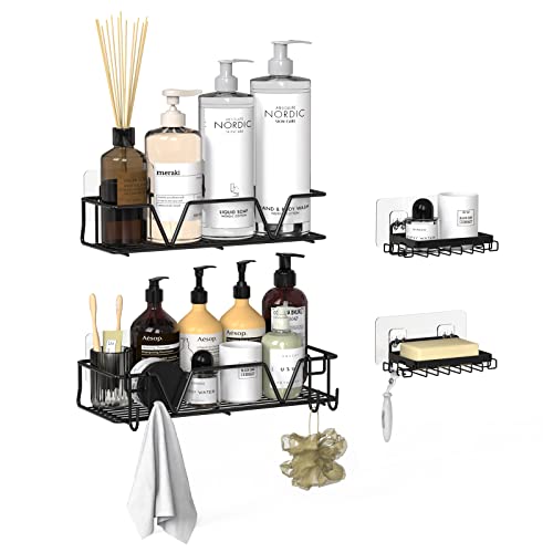 JCBAKC Shower Caddy, Stainless Steel Shower Organizer,No Drilling Shower Shelf With 2 Soap Dish,Wall Mounted Bathroom Shelf With 12 Adhesives,Shower Shelves Shower Rack For Bathroom Storage (Black)