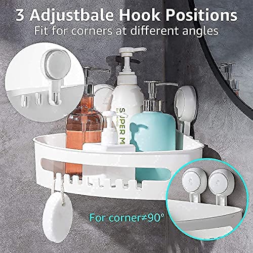 LEVERLOC Corner Shower Caddy Suction Cup & Toothbrush Holder NO-Drilling Removable Bathroom Shower Shelf Heavy Duty Max Hold 22lbs Caddy Organizer Waterproof & Oilproof for Bathroom & Kitchen - White