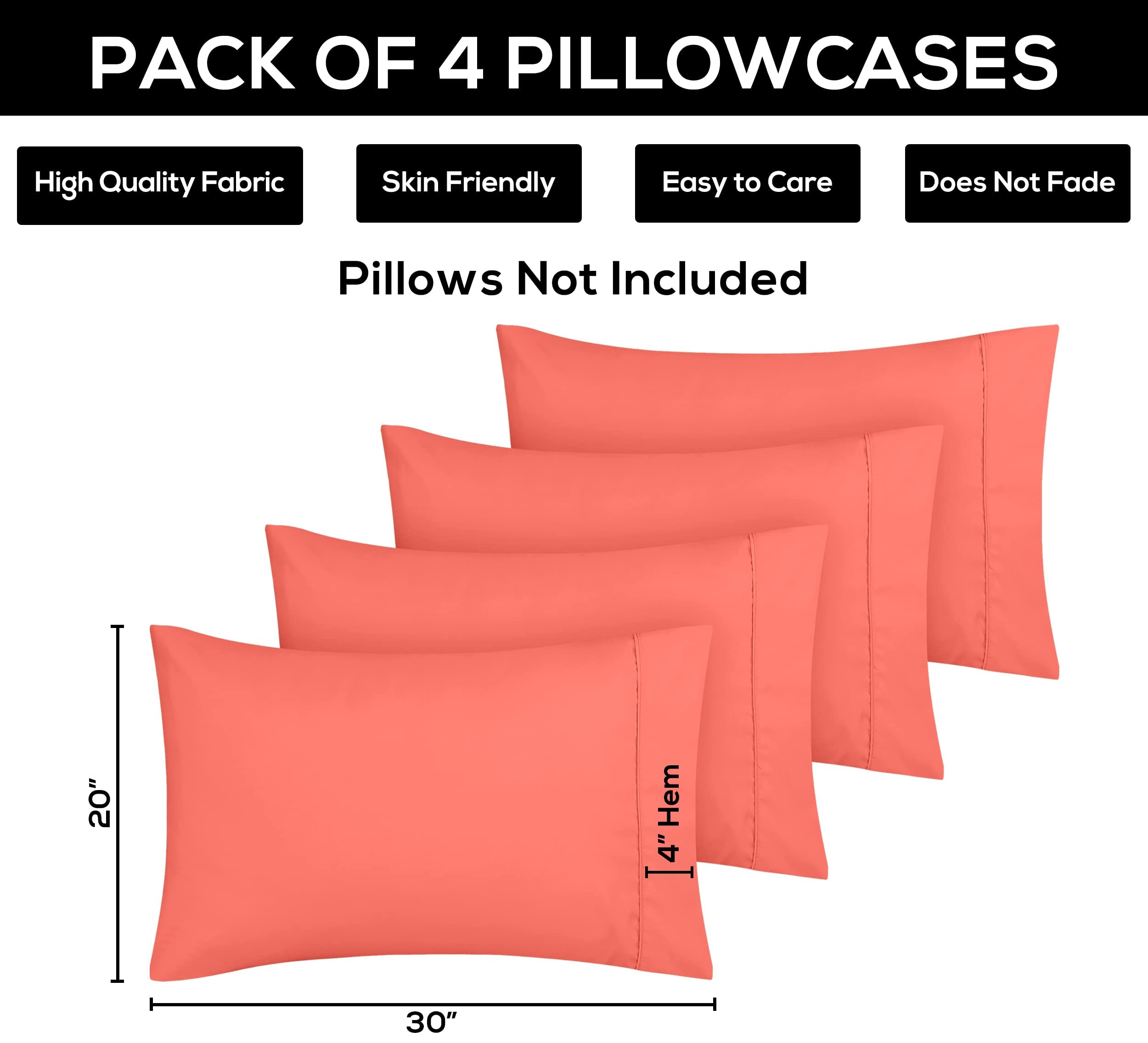 Utopia Bedding Queen Pillow Cases - Pack of 4 - Envelope Closure - Soft Brushed Microfiber Fabric - Shrinkage and Fade Resistant Pillow Covers Queen Size 20 X 30 Inches (Coral)