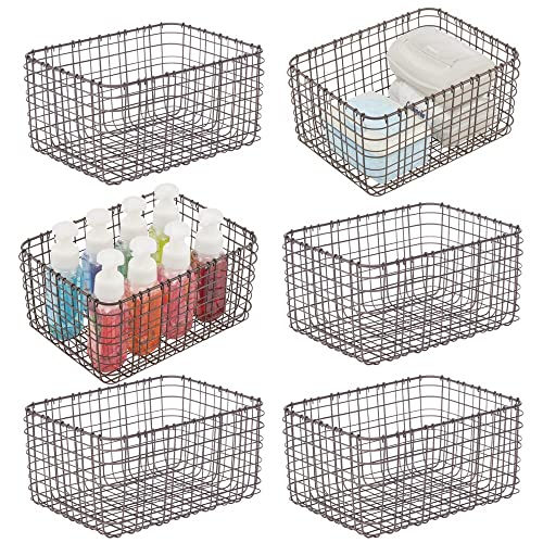 mDesign Farmhouse Metal Bathroom Storage Organizer Bin Basket for Vanity, Towels, Cabinets, Shelves - Holds Sponges, Make-Up, Shampoo, Conditioner, Cosmetics, Hand Towels - 12" x 9" - 6 Pack - Bronze
