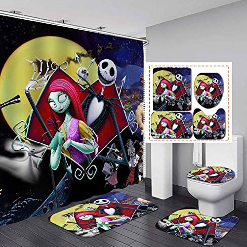 LAYINUSG 4Pcs Nightmare Before Christmas Shower Curtain Set with Non-Slip Rugs, Toilet Lid Cover and Bath Mat, Halloween Xmas Winter Holiday Bathroom Decor Sets with 12 Hooks 72 x 72 Inches