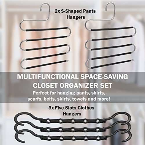 Exultant Dynamics - Stainless Steel Pant Hangers - Essential Hangers Space Saving Bundle - Set of 5 β Organizer for Clothes β Closet Space Saver β Hang 25 Clothing Items