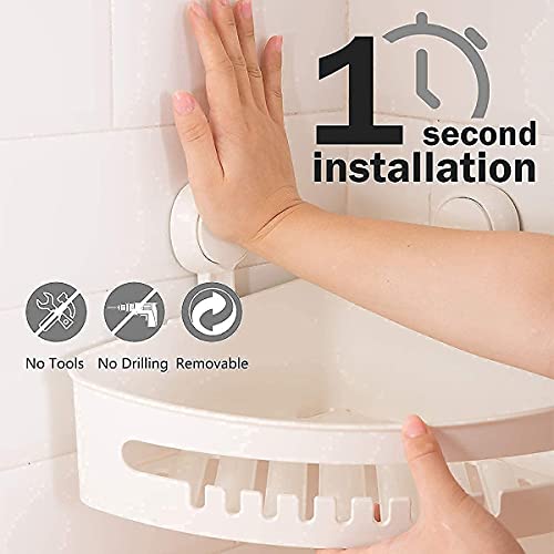 LEVERLOC Corner Shower Caddy Suction Cup & Toothbrush Holder NO-Drilling Removable Bathroom Shower Shelf Heavy Duty Max Hold 22lbs Caddy Organizer Waterproof & Oilproof for Bathroom & Kitchen - White