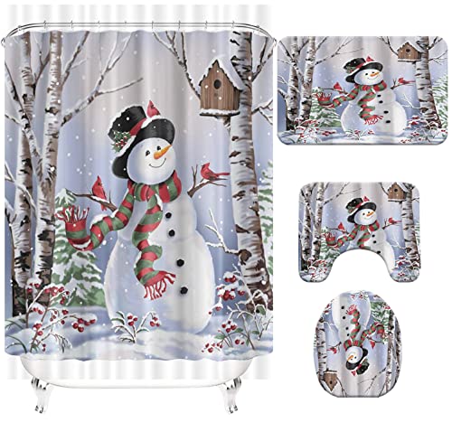 MrLYouth Christmas Bathroom Sets Snowman Shower Curtain with Contour Mat,Toilet Lid Cover,Accessories with 12 Plastic Hooks 4 Pieces Waterproof Fabric Bath Sets